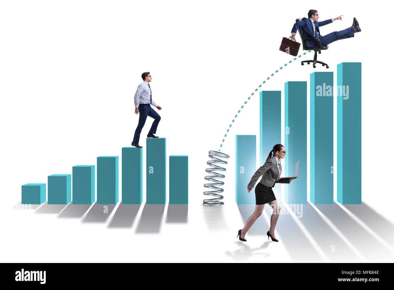 Business people jumping over bar charts Stock Photo - Alamy