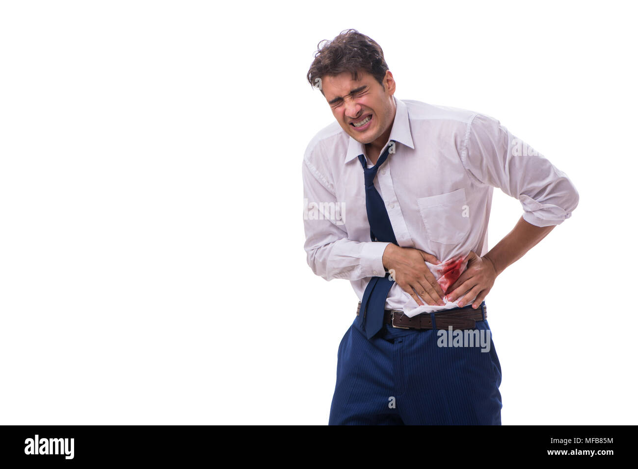 Wounded businessman with blood stains isolated on white background ...