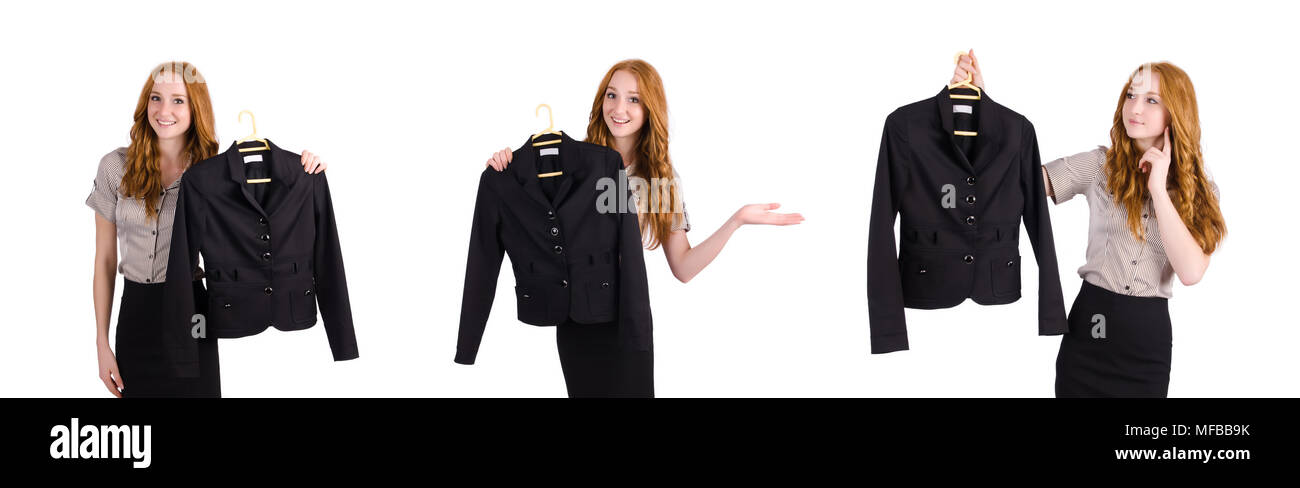Woman choosing the dress isolated on white Stock Photo - Alamy
