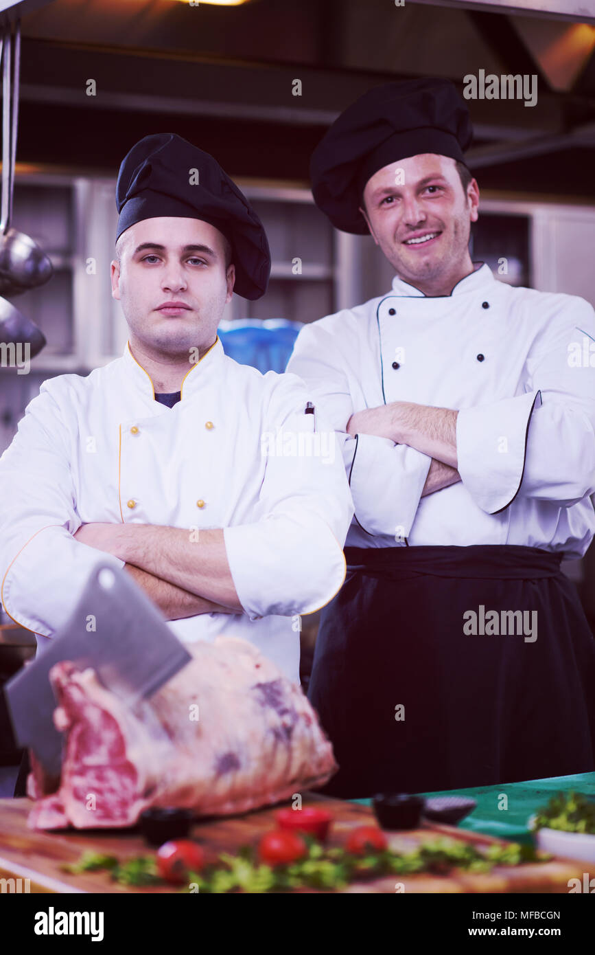 Portrait of two chefs standing together in commercial kitchen at ...