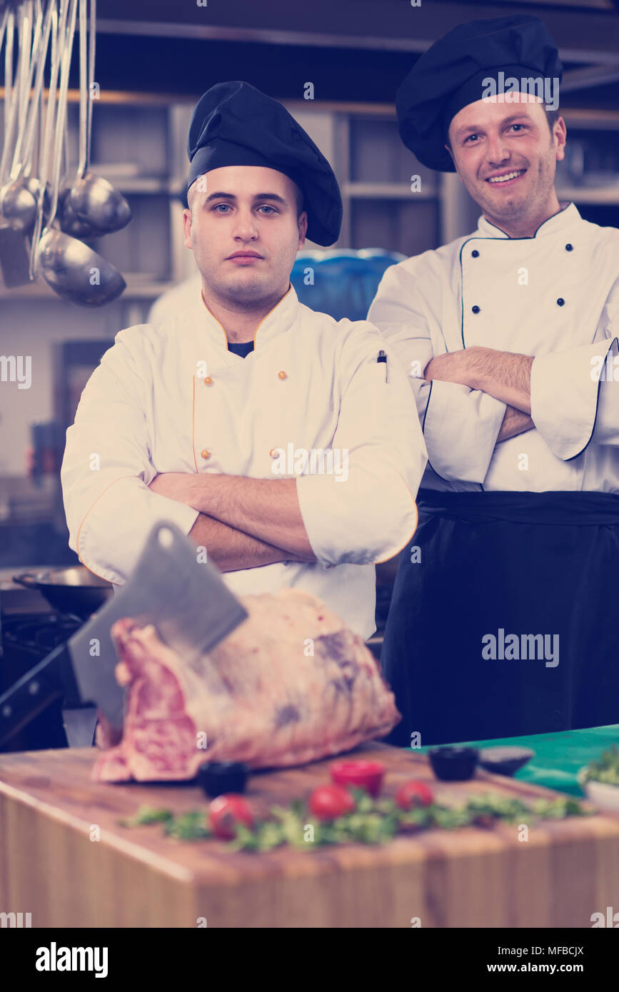 Portrait of two chefs standing together in commercial kitchen at ...