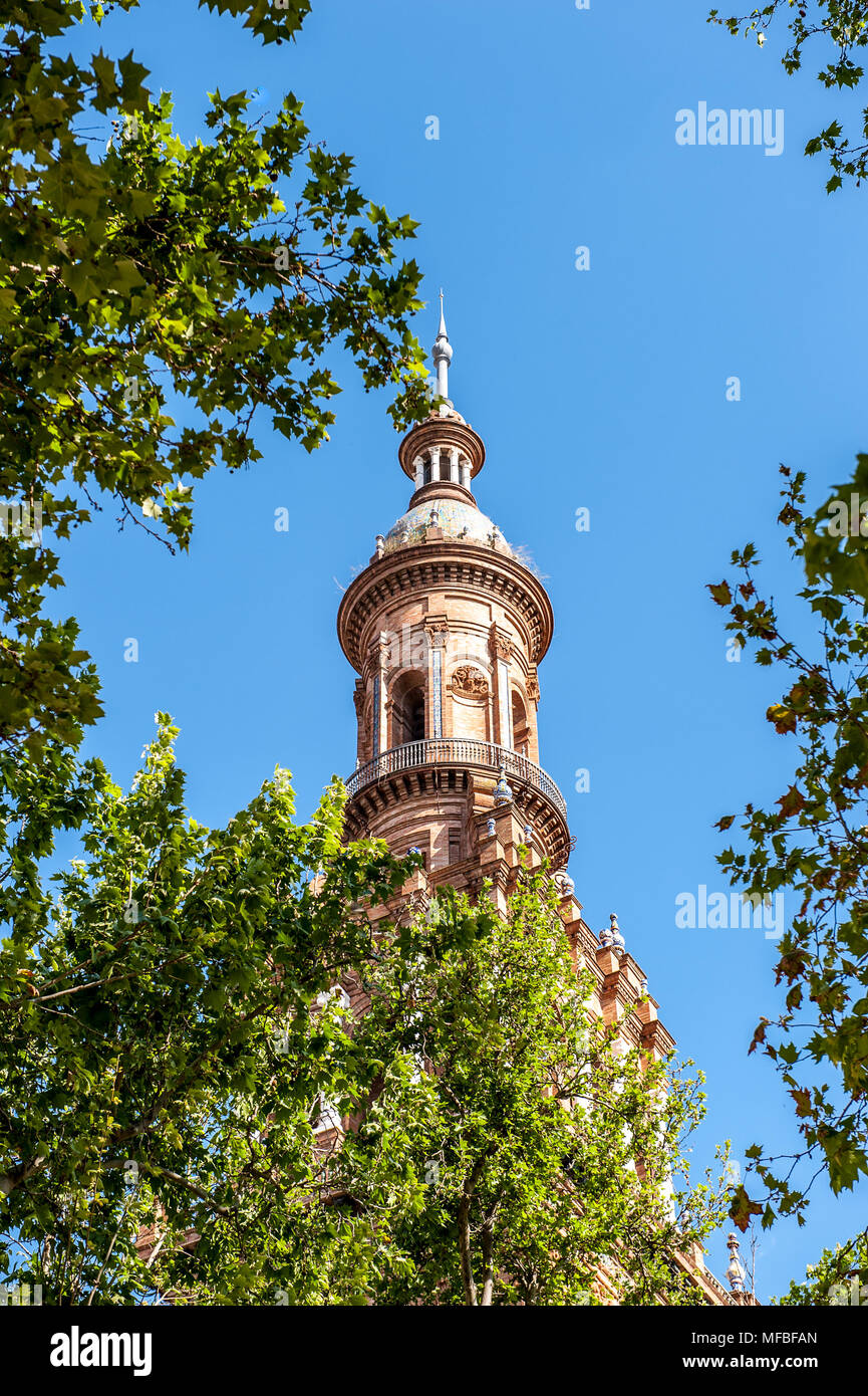 Tower of Central building at the Plaza de Espana in Seville, Andalusia ...