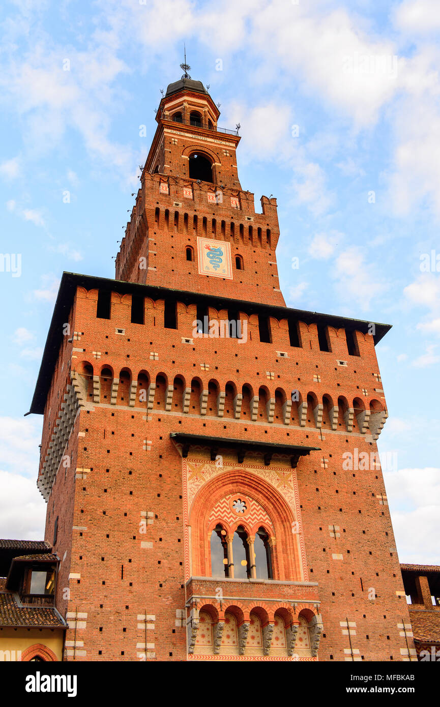 Tower of the Sforza Castle (Castello Sforzesco), a castle in Milan ...