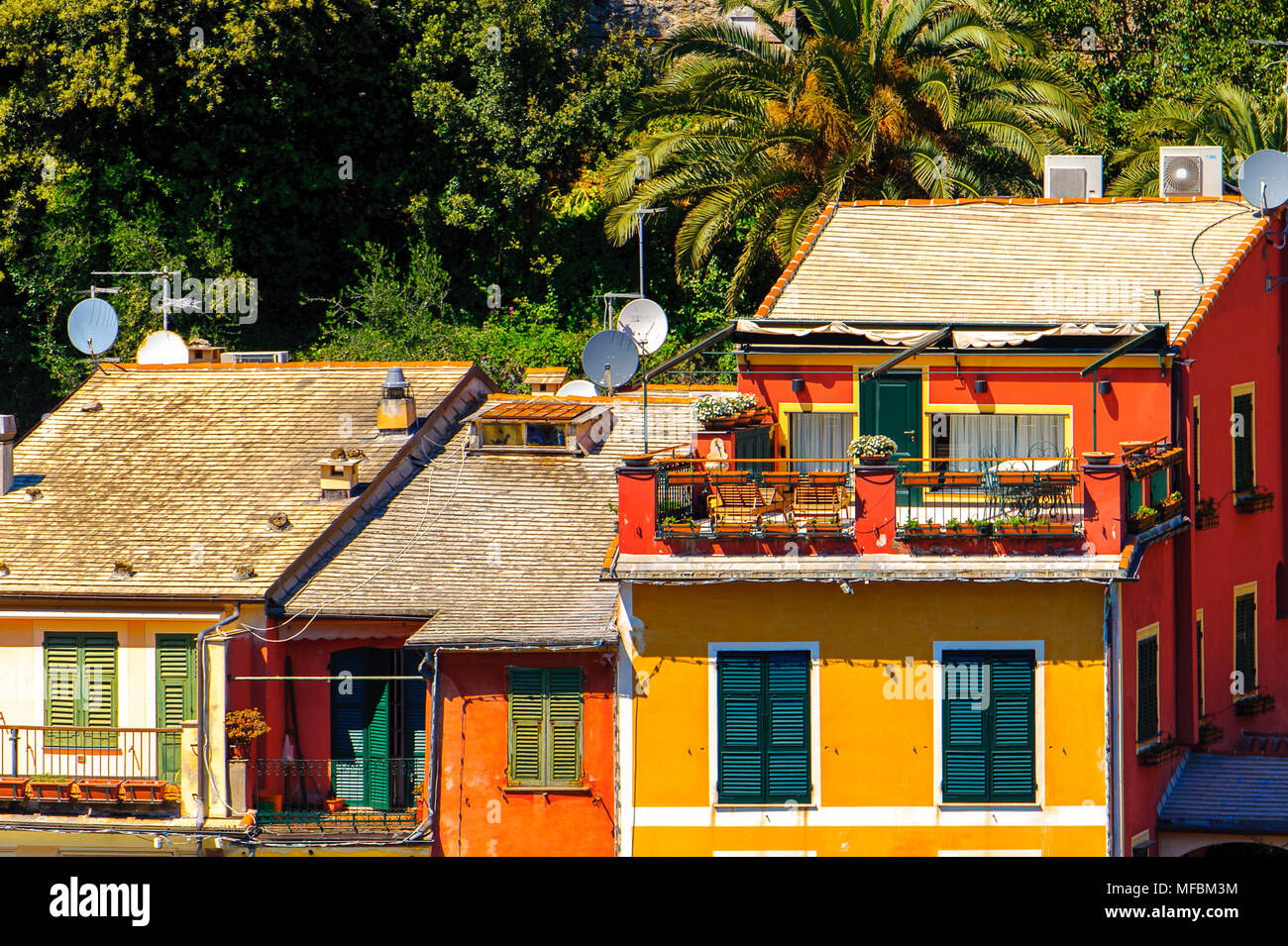 Close view of the colorful houses in Portofino, an Italian fishing ...