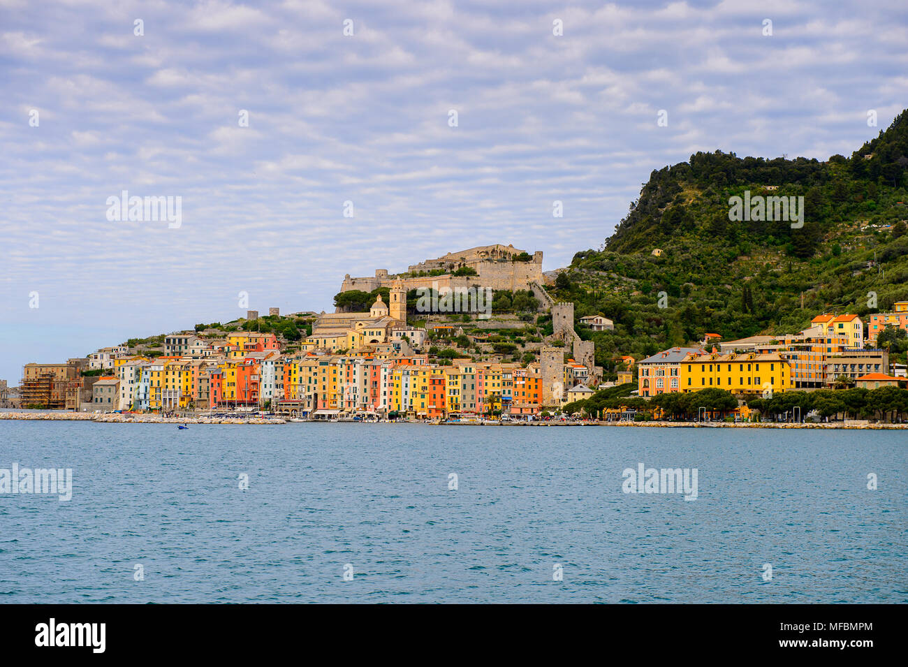 Panoramic view of Porto Venere, Italy. Porto Venere and the villages of ...