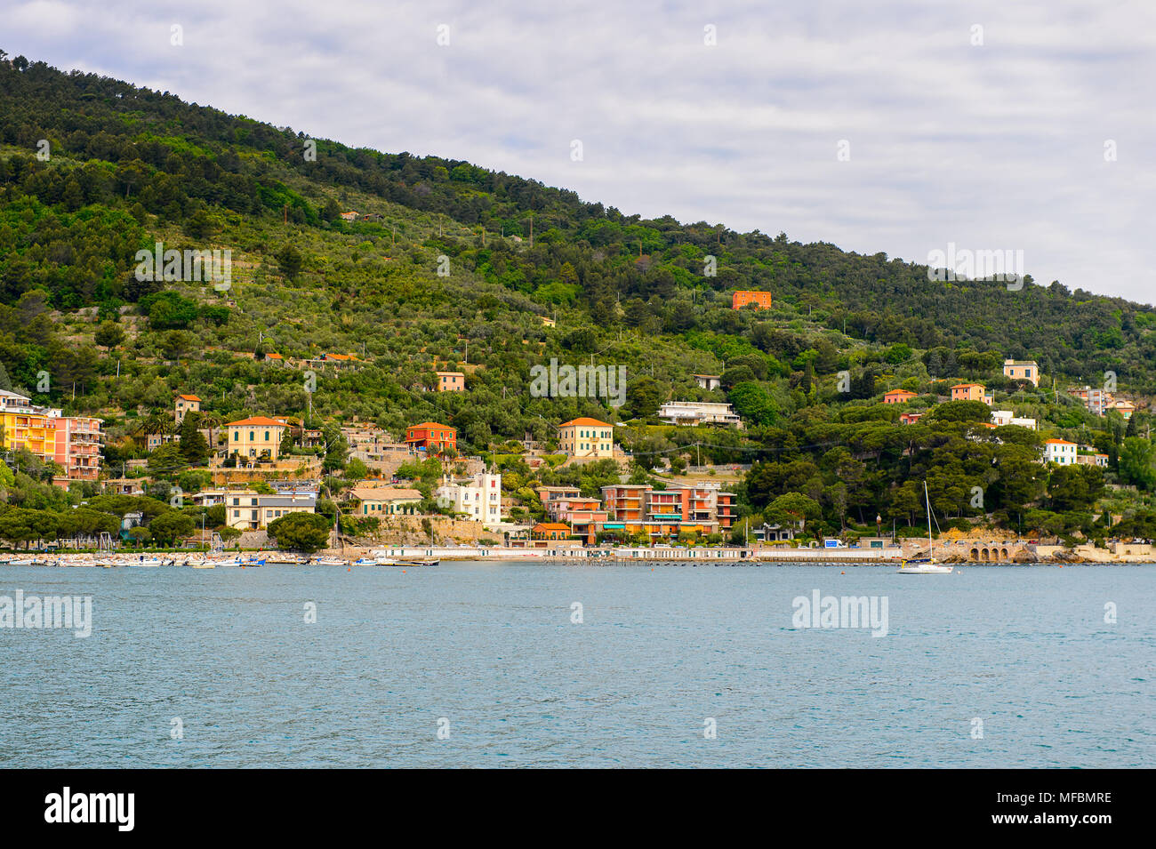 Panoramic view of Porto Venere, Italy. Porto Venere and the villages of ...