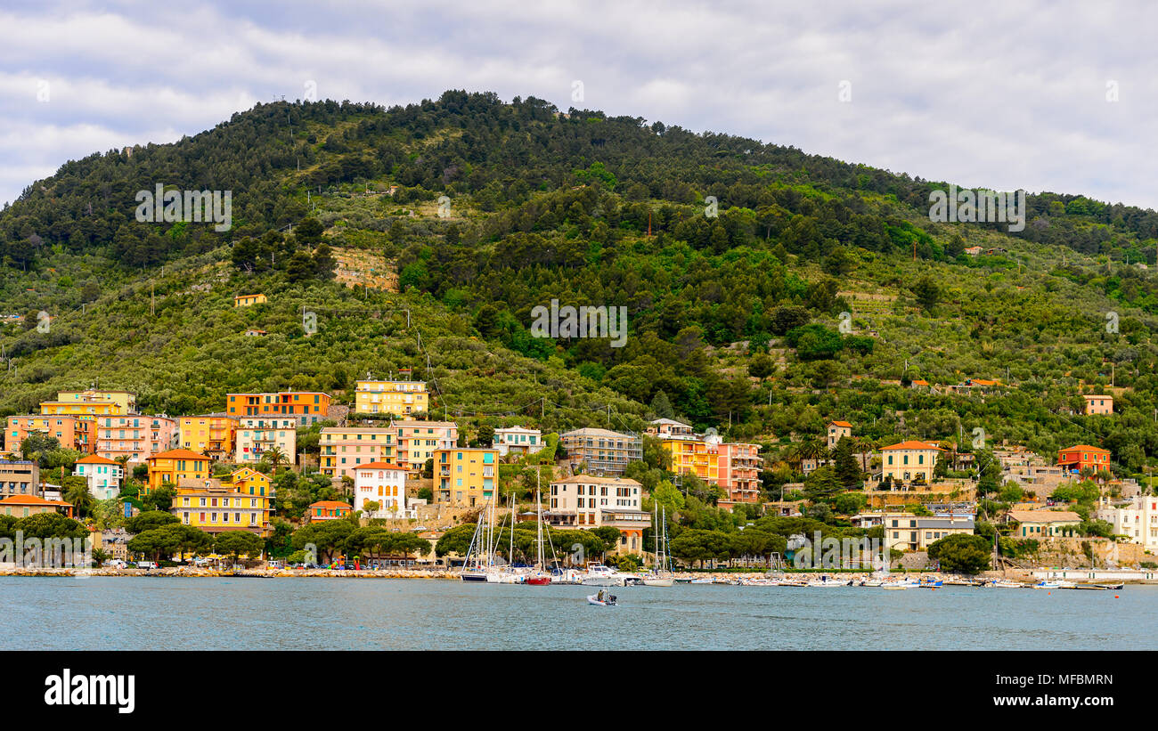 Panoramic view of Porto Venere, Italy. Porto Venere and the villages of ...