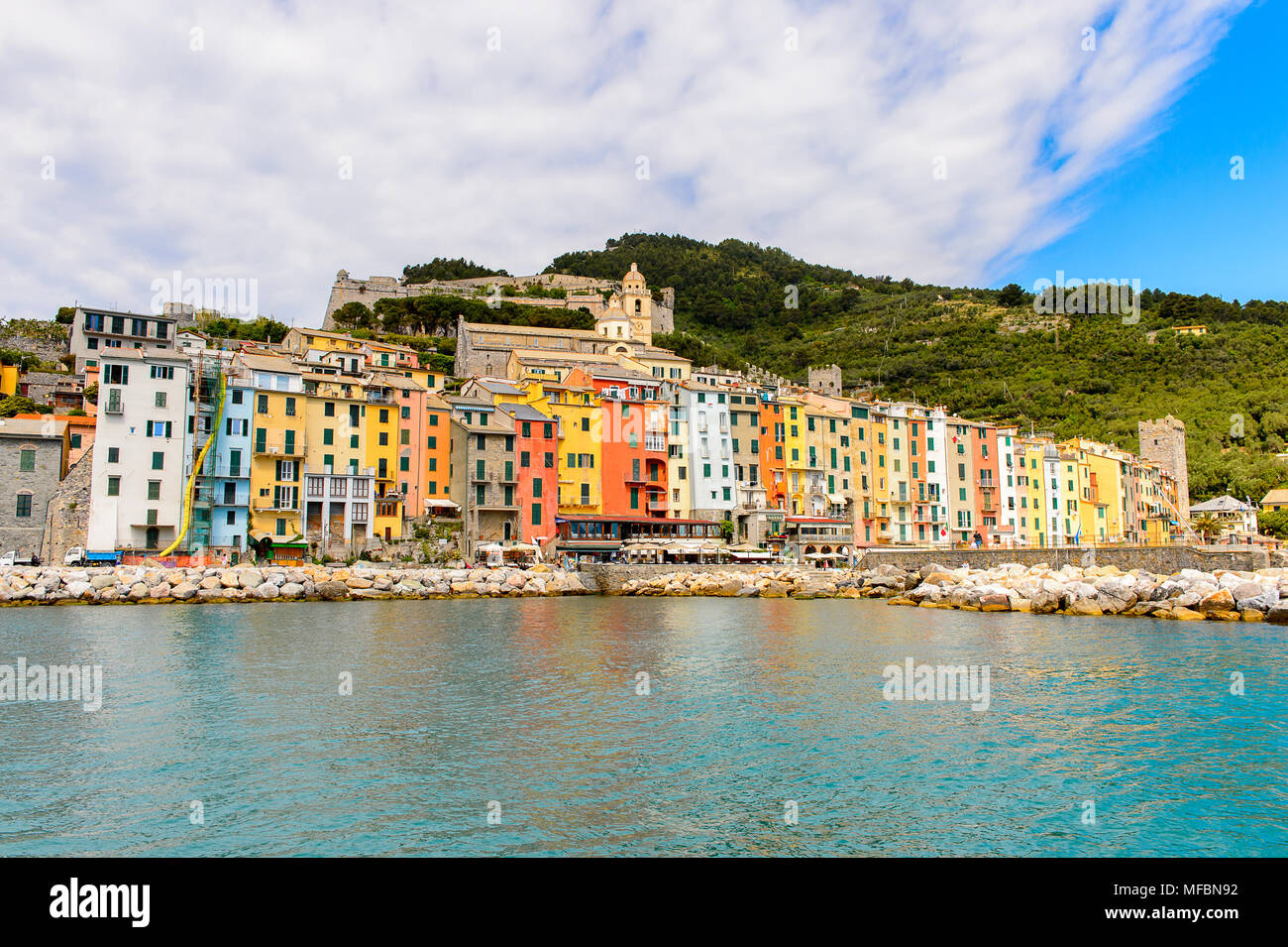 Panoramic view of Porto Venere, Italy. Porto Venere and the villages of ...