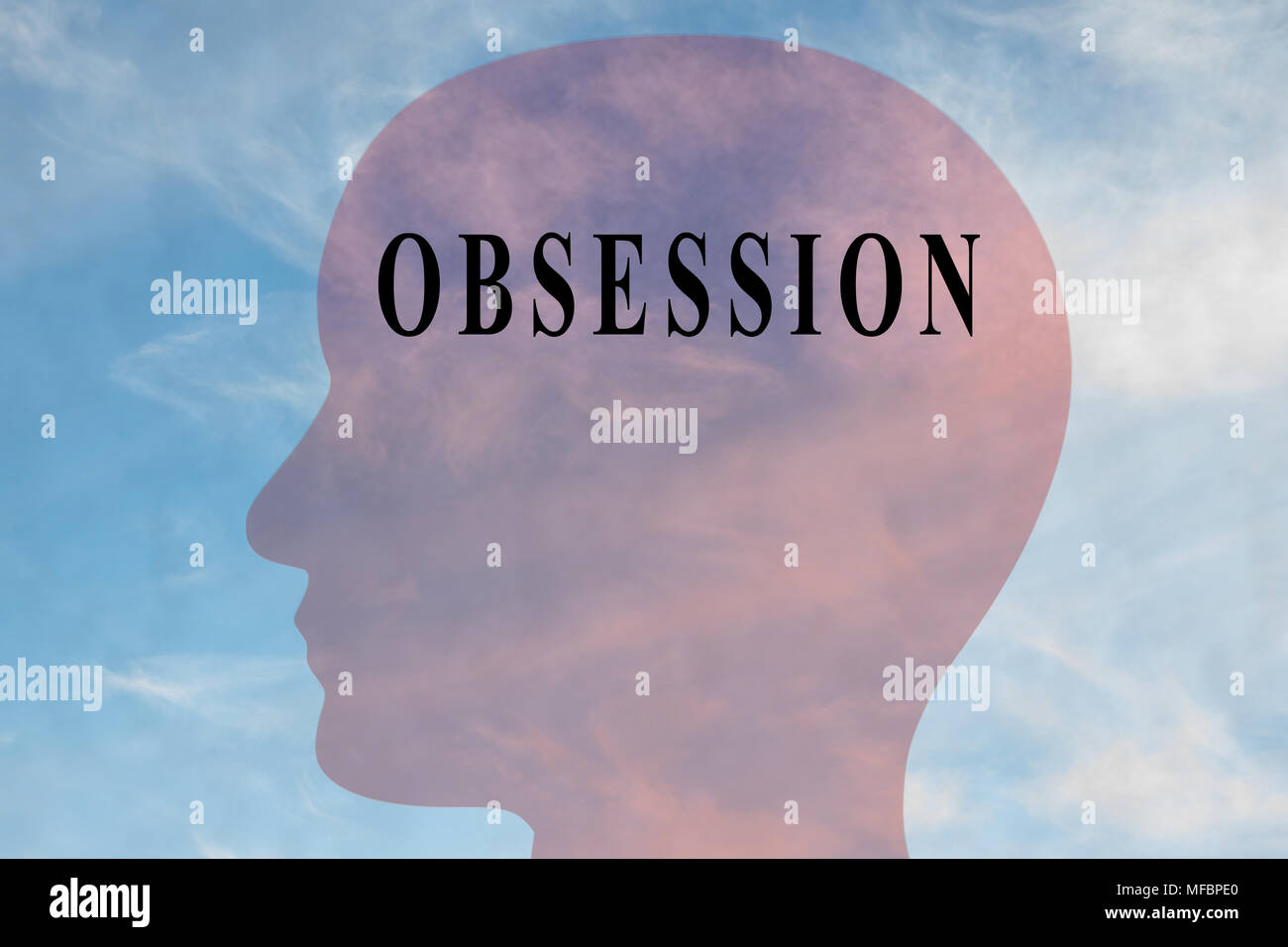 Render illustration of OBSESSION title on head silhouette, with cloudy ...