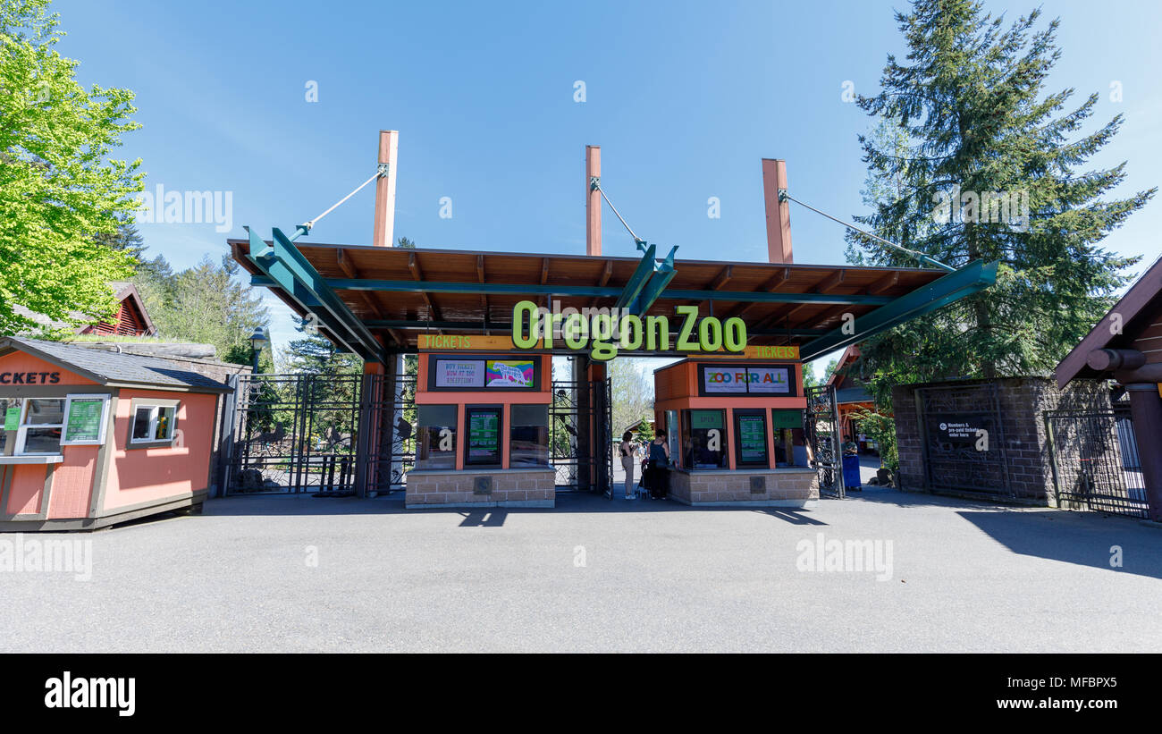 Portland, Oregon, USA - April 24, 2018 : Main gate of Oregon Zoo, which ...