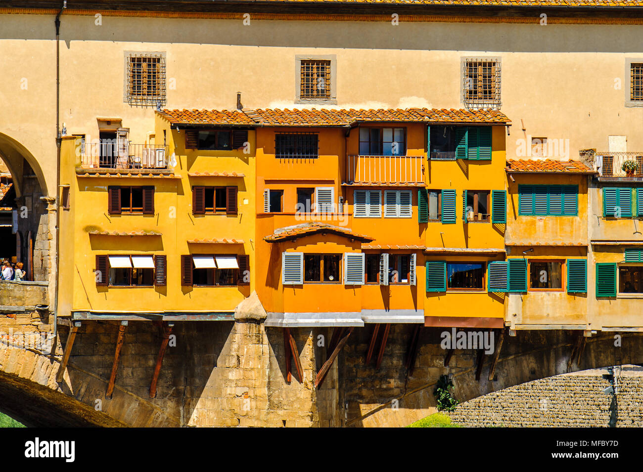 Close view of the Ponte Vecchio (Old Bridge), a Medieval stone closed ...