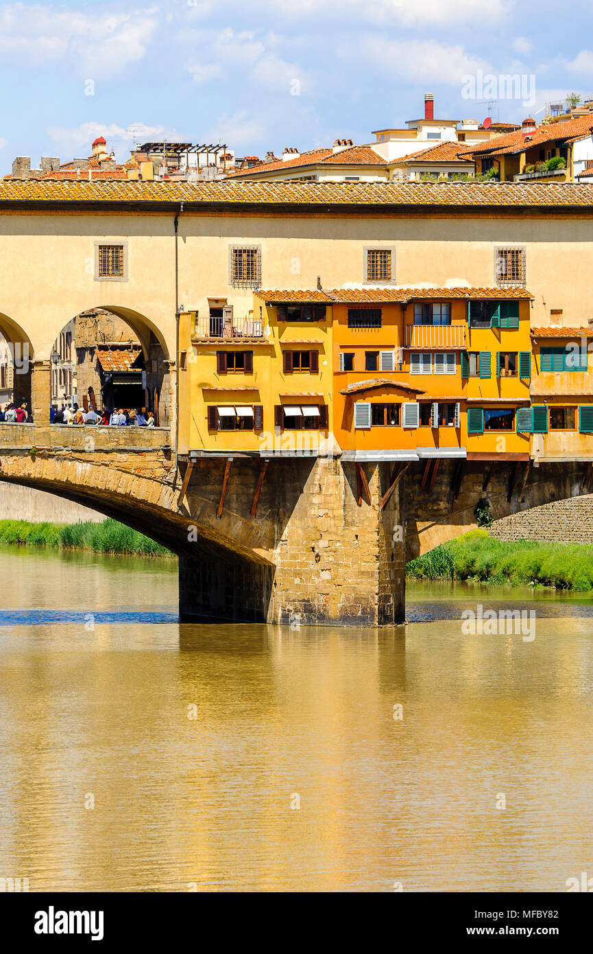 Close view of the Ponte Vecchio (Old Bridge), a Medieval stone closed ...