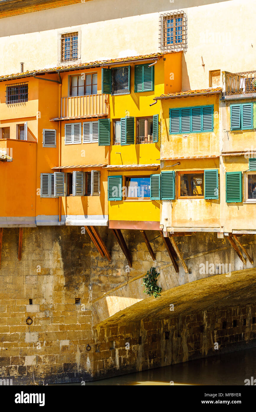 Close view of the Ponte Vecchio (Old Bridge), a Medieval stone closed ...