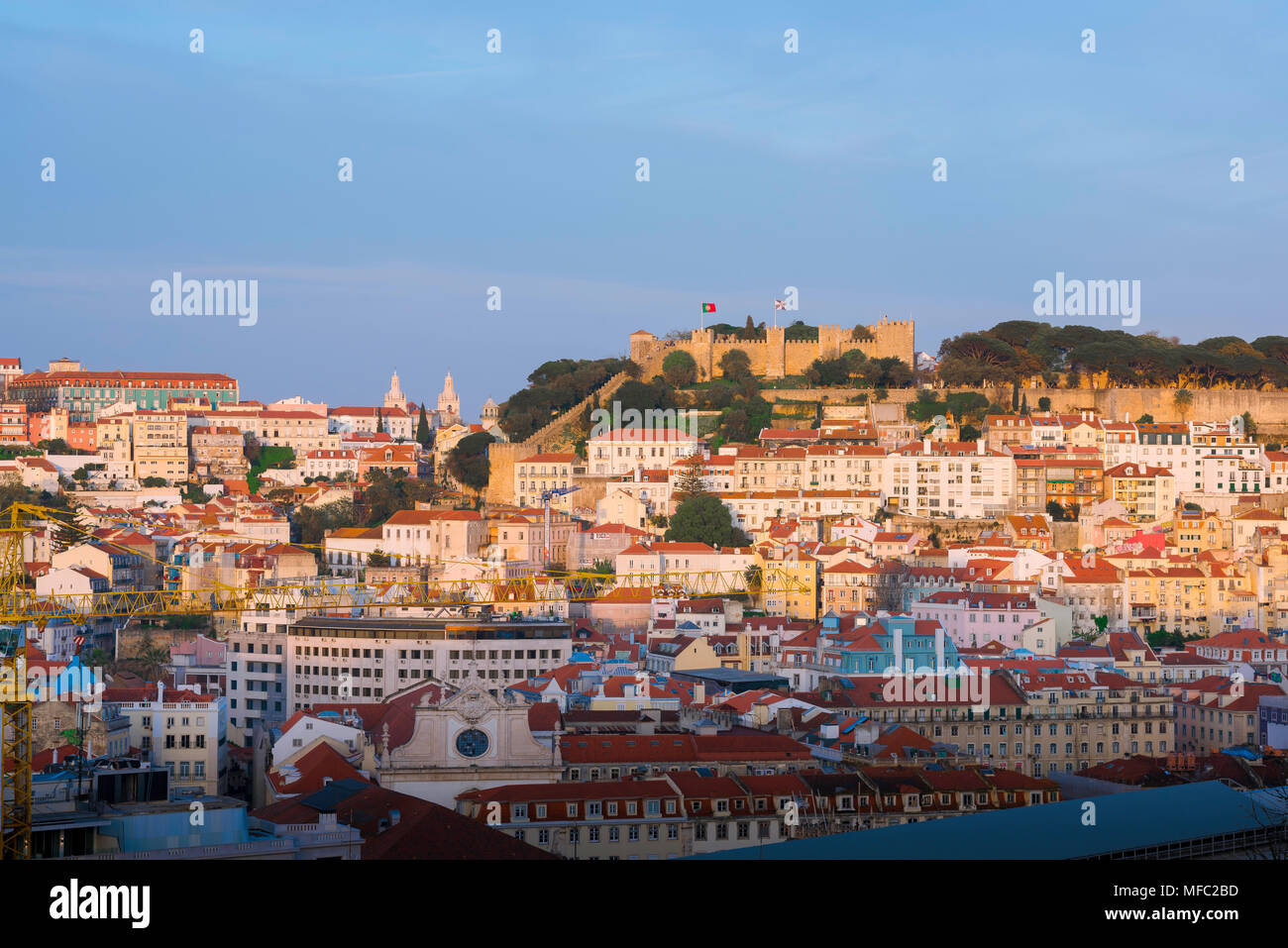 Lisbon skyline, view of the Castelo de Sao Jorge at sunset with the ...