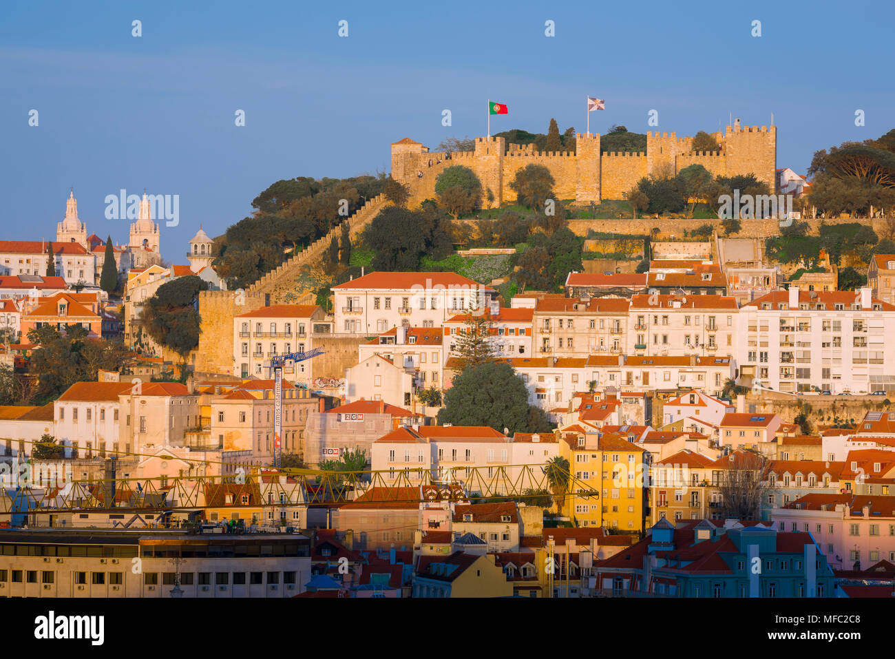 Lisbon Portugal castle, view at sunset of the Castelo de Sao Jorge ...