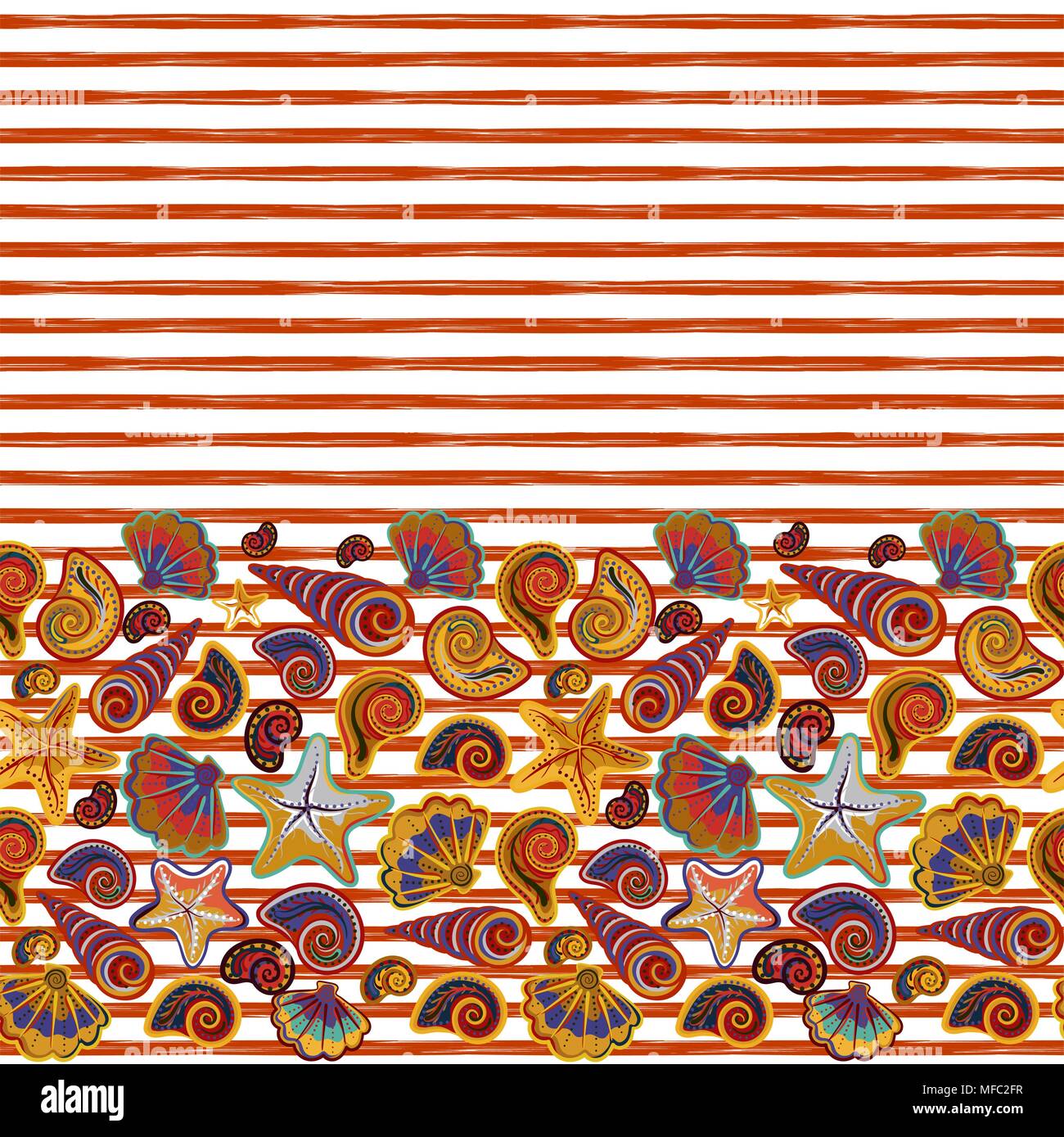 Vector seamless pattern of seashells on striped background. Hand drawn ...