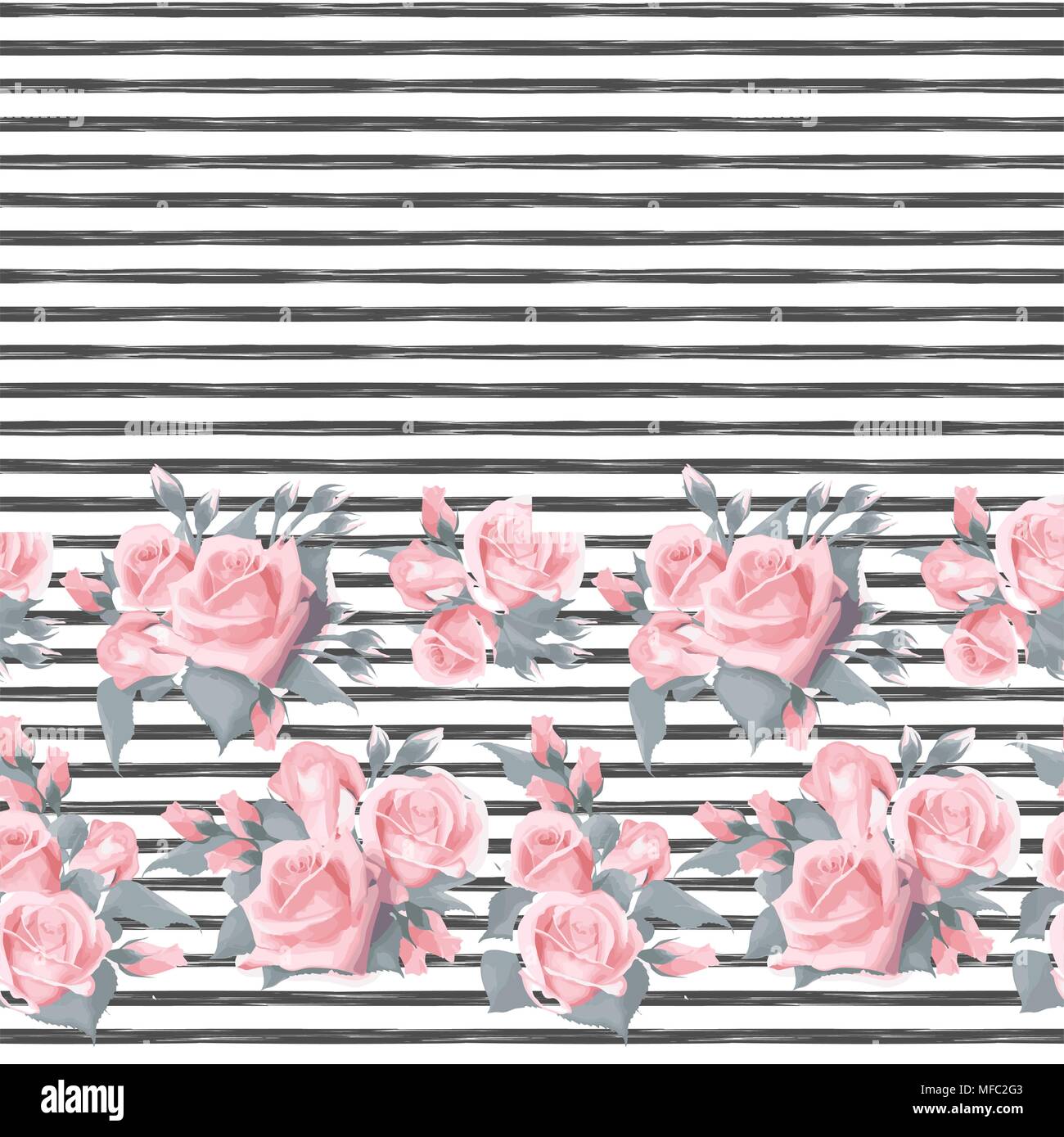 Seamless pattern with pink roses border on white background with strip ...
