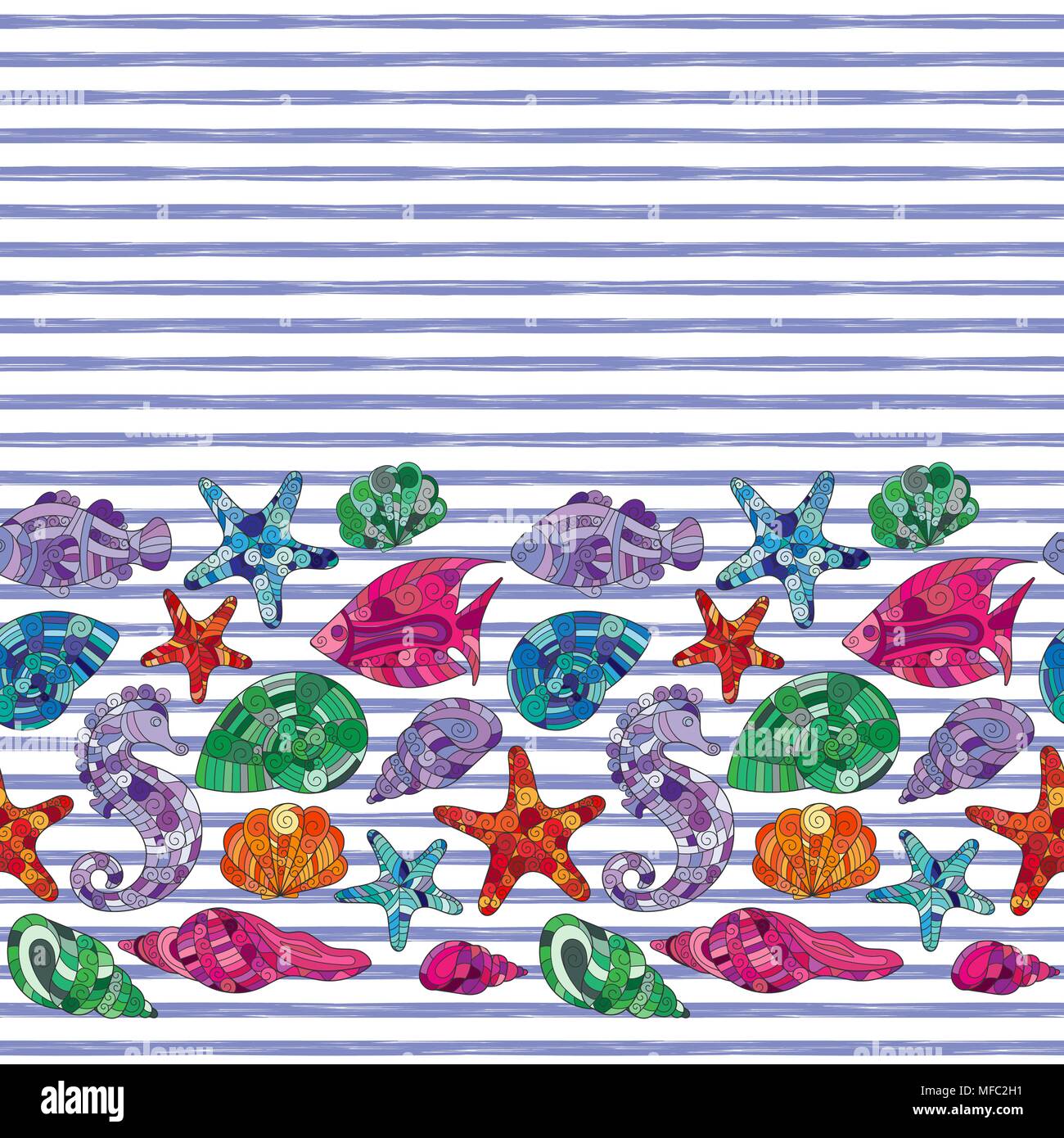 Vector seamless pattern of seashells and marine items on striped ...