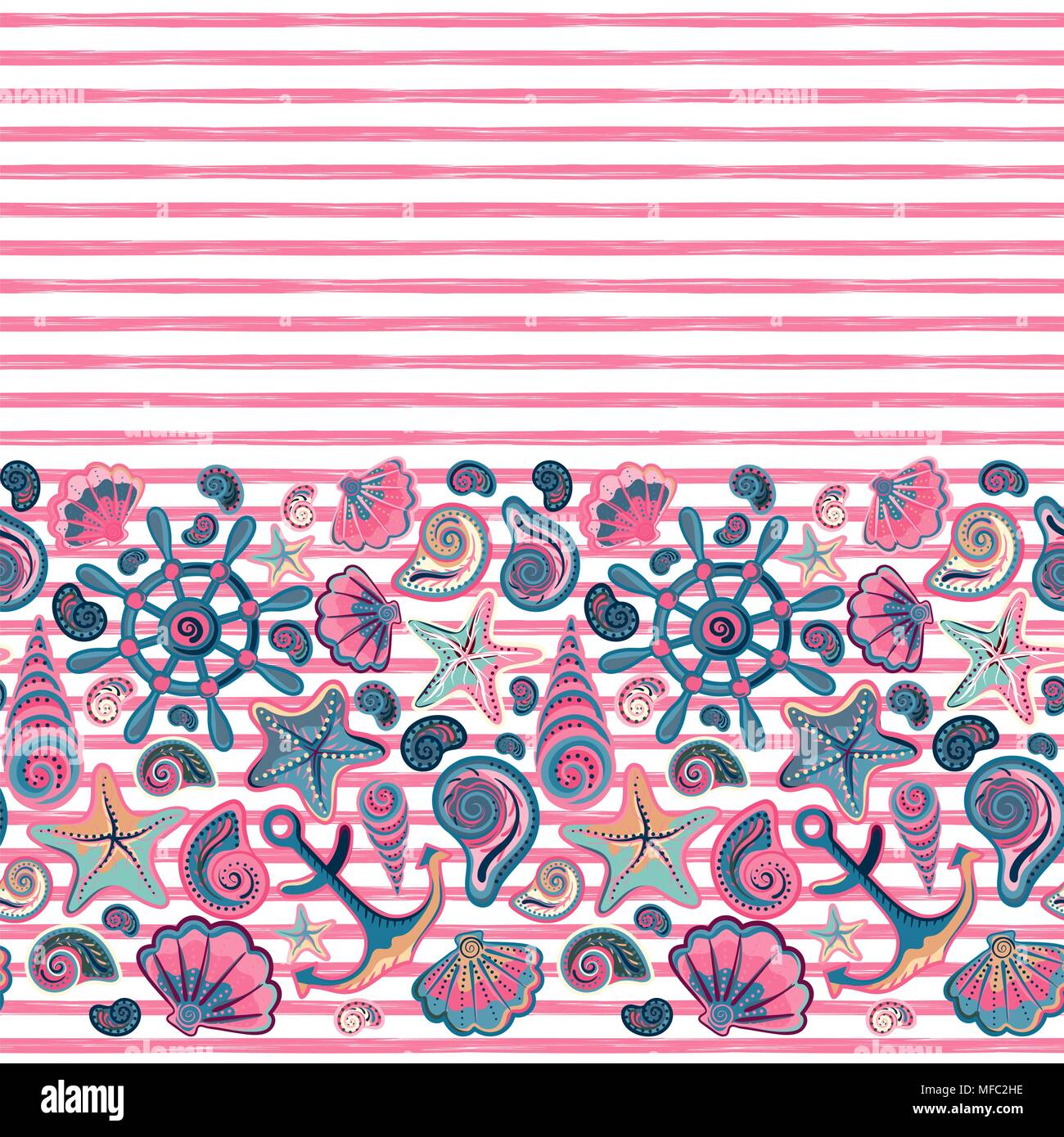 Vector seamless pattern of seashells and marine items on striped ...