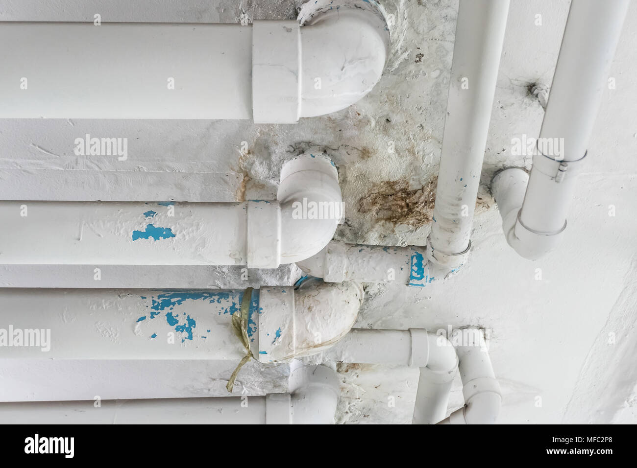 Bad water system pipe problem with water leak damage color paint Stock ...