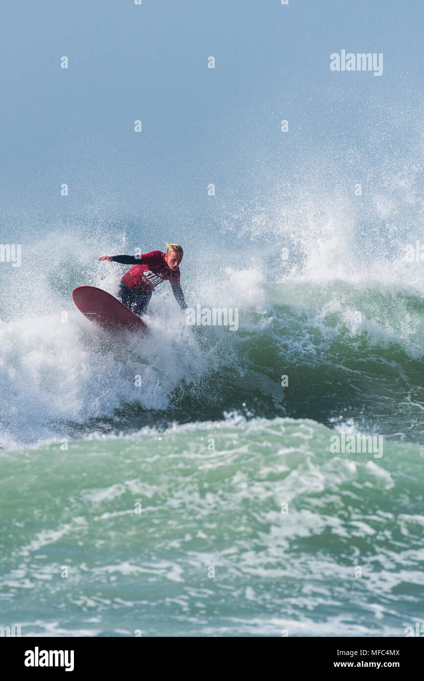 Spectacular surfing action at Fistral Beach in Newquay Cornwall Stock ...