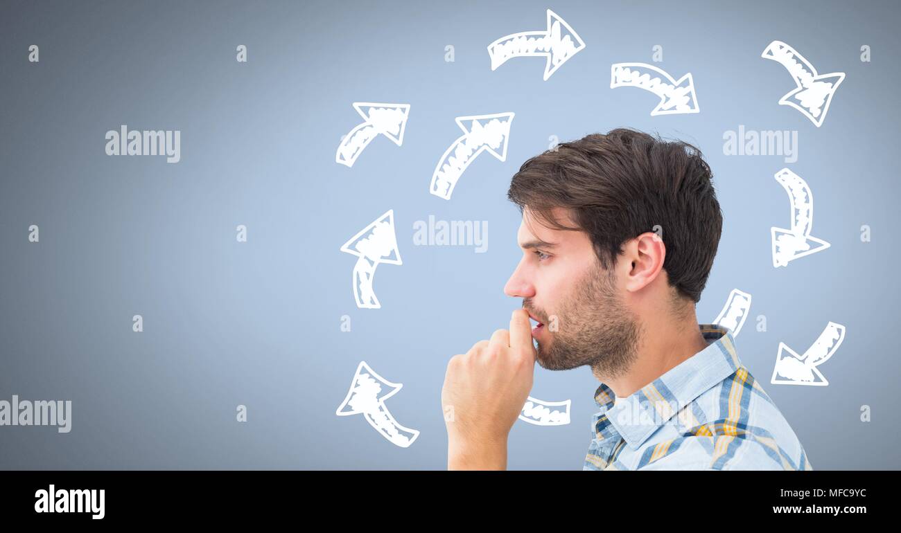Man thinking with arrow circle doodles on blue background Stock Photo ...