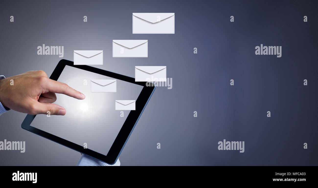 Envelope letter messages and hand using tablet Stock Photo - Alamy
