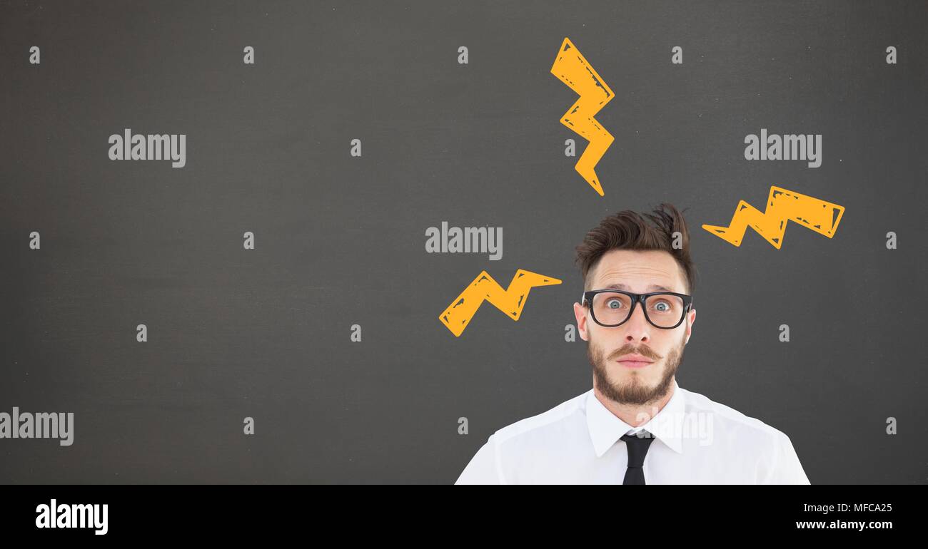 Shocked man with lightning strike doodle on grey background Stock Photo ...