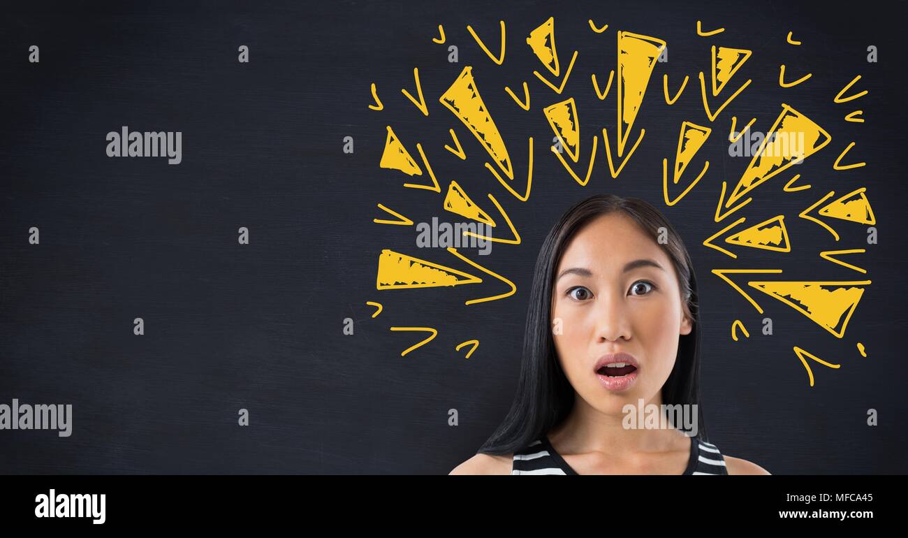 Shocked woman with tense doodles triangles on blackboard Stock Photo ...