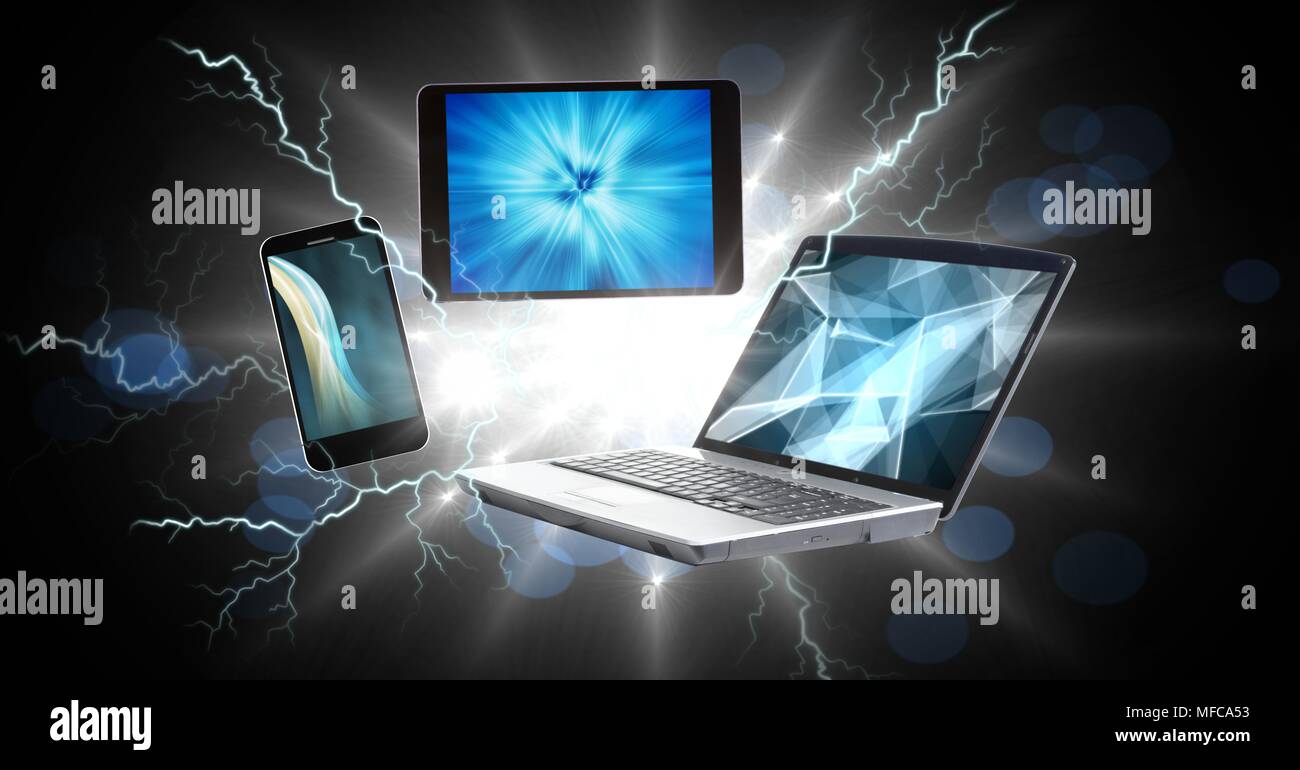 Lightning strikes and tablet laptop and phone devices Stock Photo - Alamy