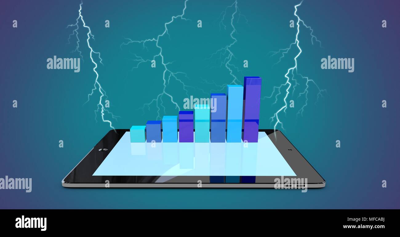 Lightning strikes and tablet with bar chart statistic Stock Photo - Alamy