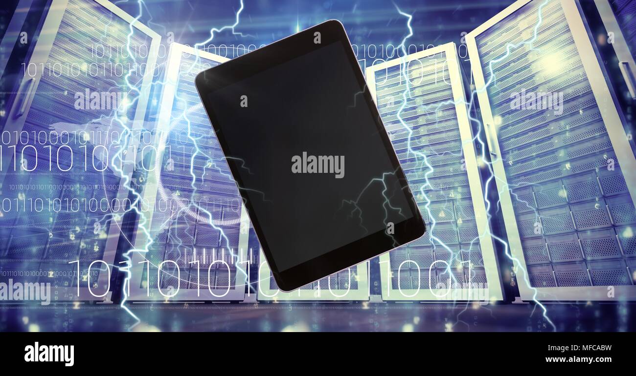 Lightning strikes and tablet with servers Stock Photo - Alamy