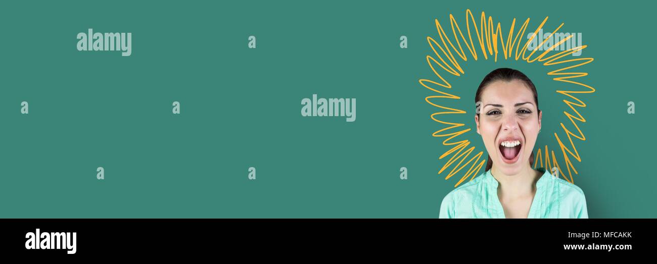 Screaming woman with doodle circle on green background Stock Photo - Alamy
