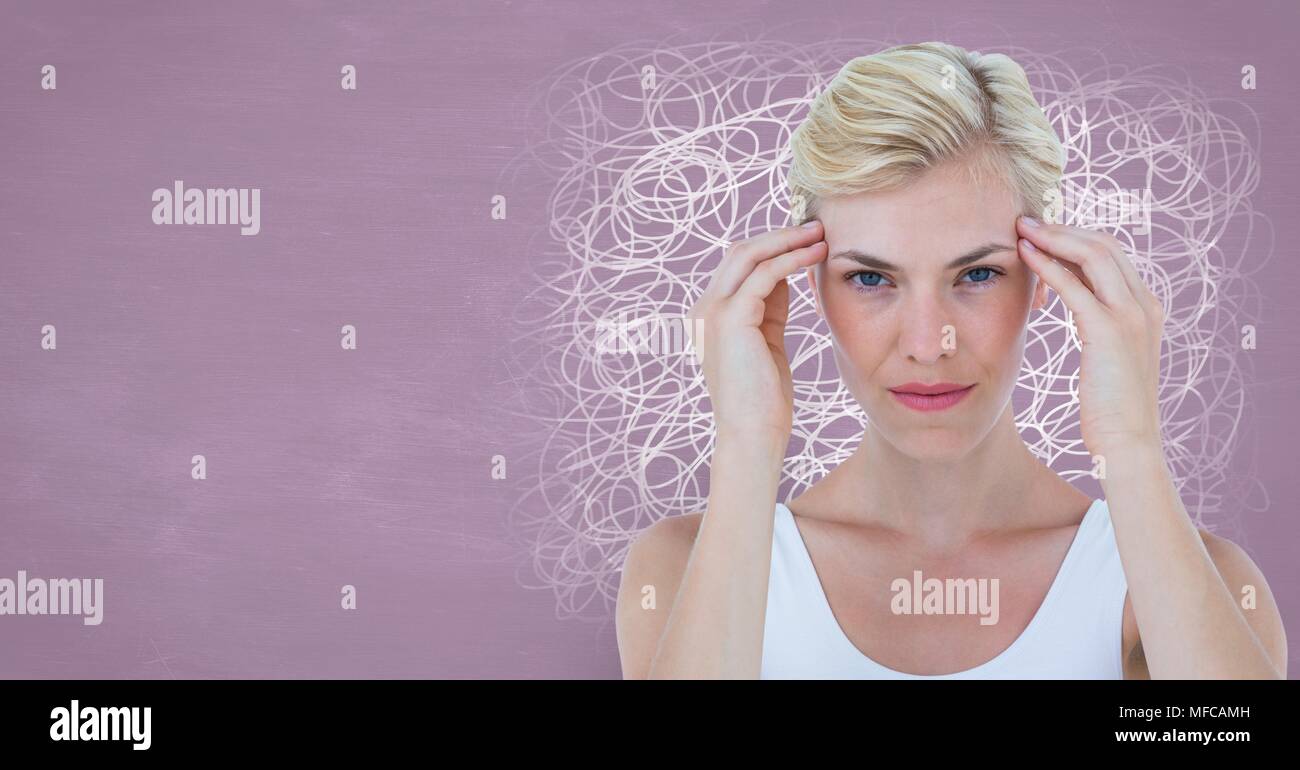 Stressed headache woman with pink squiggly lines Stock Photo - Alamy