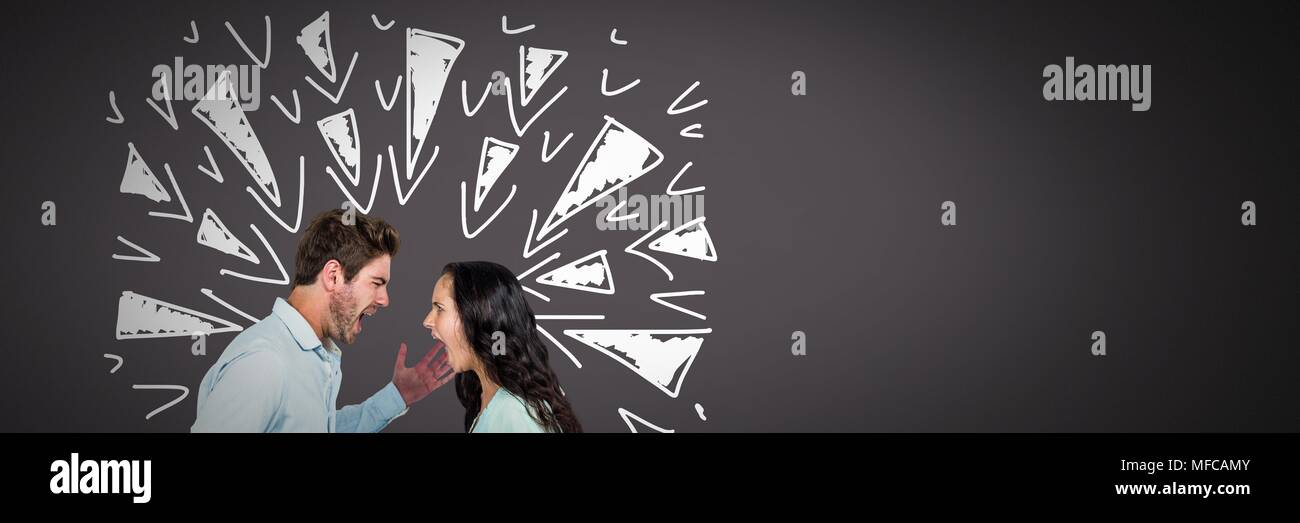 Couple arguing and fighting with triangle doodles on grey background ...