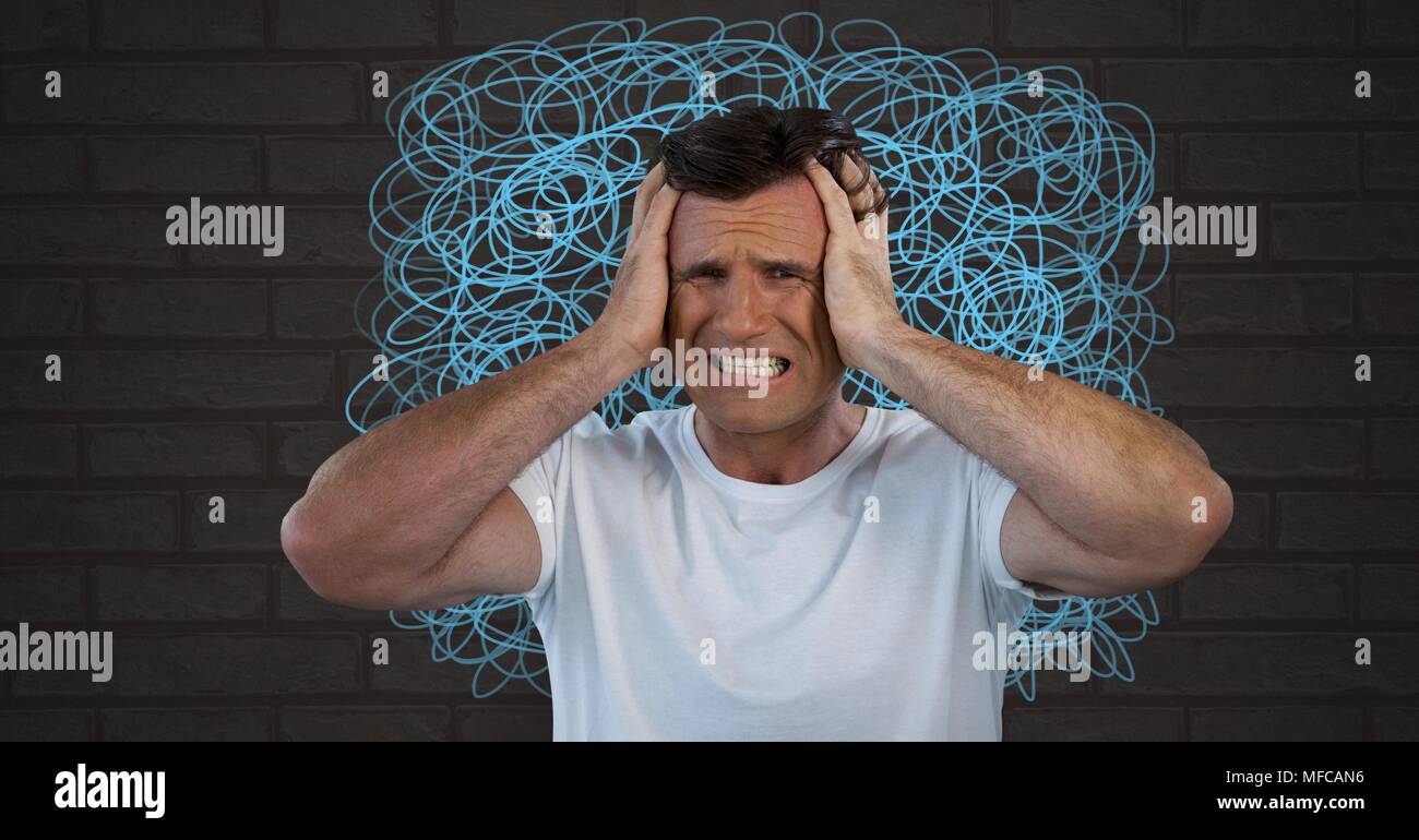 Stressed anxious and frustrated man with intense doodles on wall Stock ...