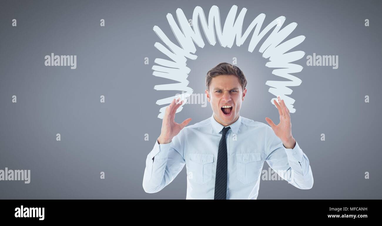 Businessman shouting angrily with squiggly doodles on grey background ...