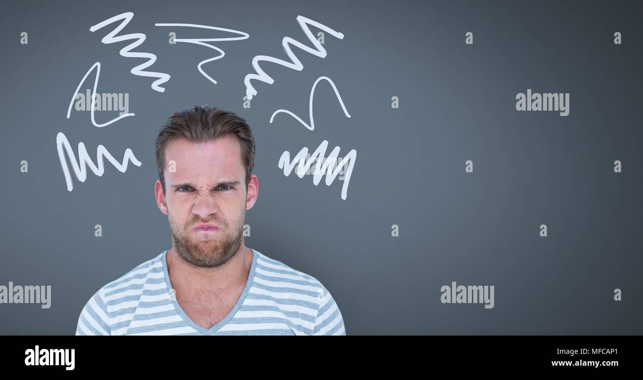 Angry furious man with scribble doodles on grey background Stock Photo ...