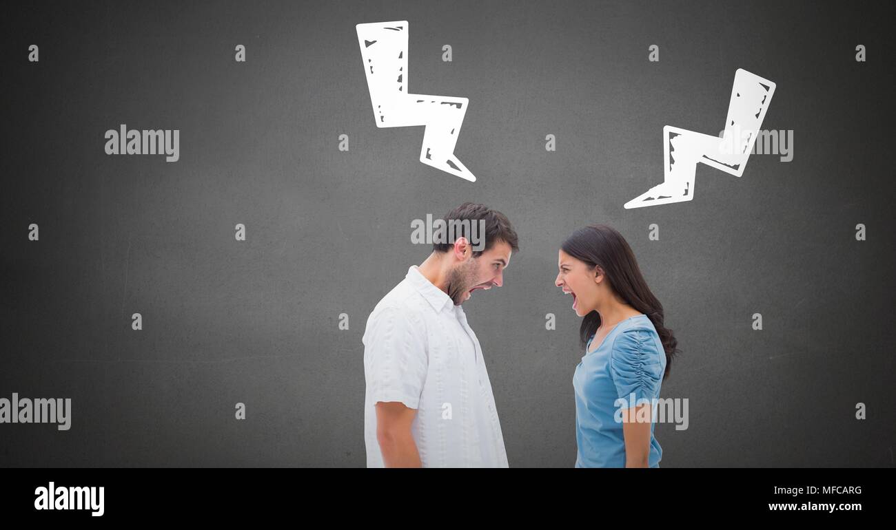 Couple fighting and arguing with lightning strikes doodles on grey ...