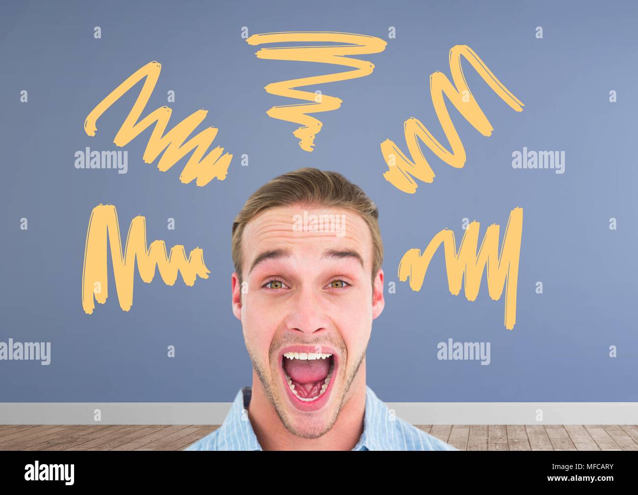 Shouting man with doodles in room Stock Photo - Alamy