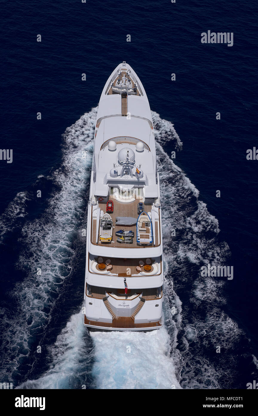 Aerial view of Luxury Megayacht Stargate Sailing on Open Ocean with ...