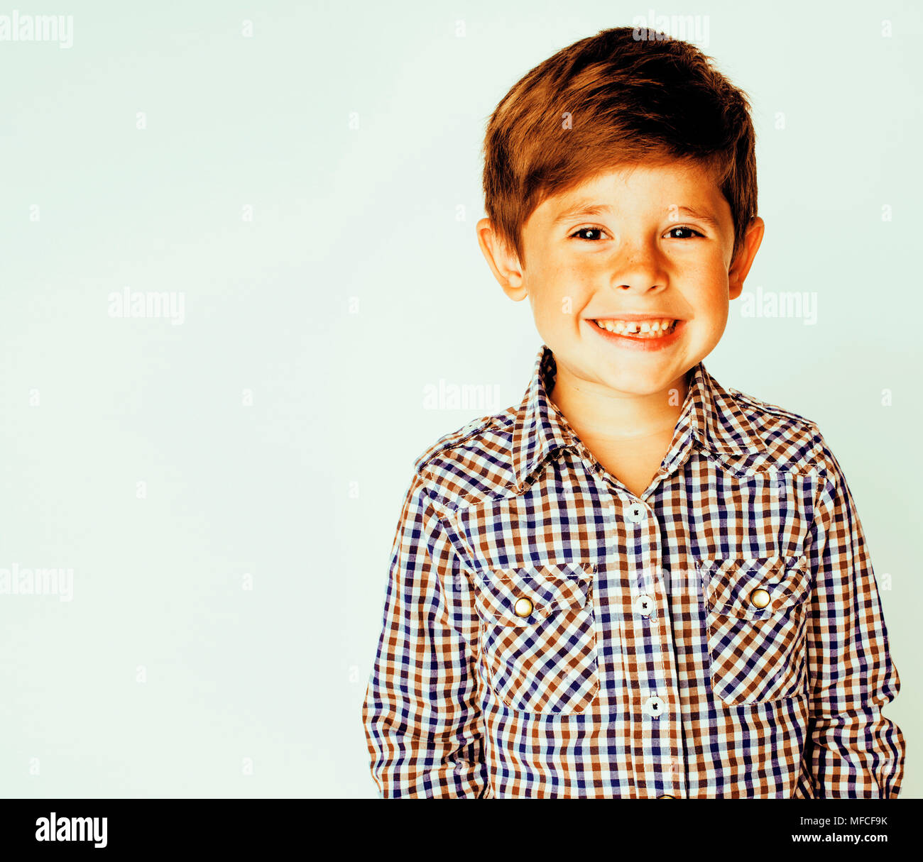 little cute real boy on white background gesture smiling close u Stock ...