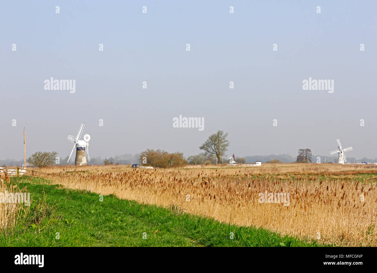 A landscape with two windmills by the River Thurne on the Norfolk ...