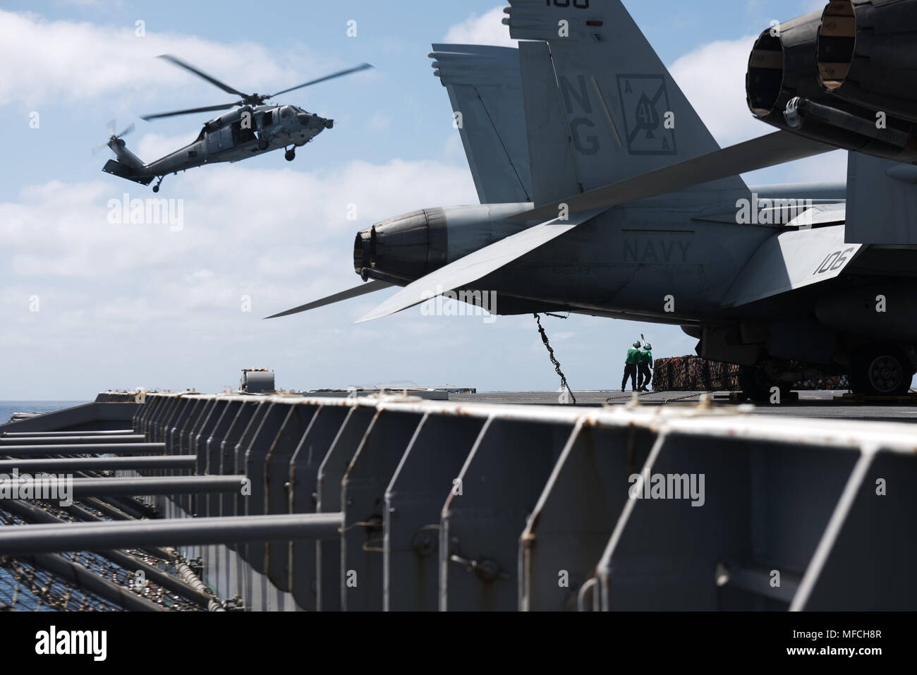 180418-N-EF115-148 PACIFIC OCEAN (April 18, 2018) Sailors prepare to ...