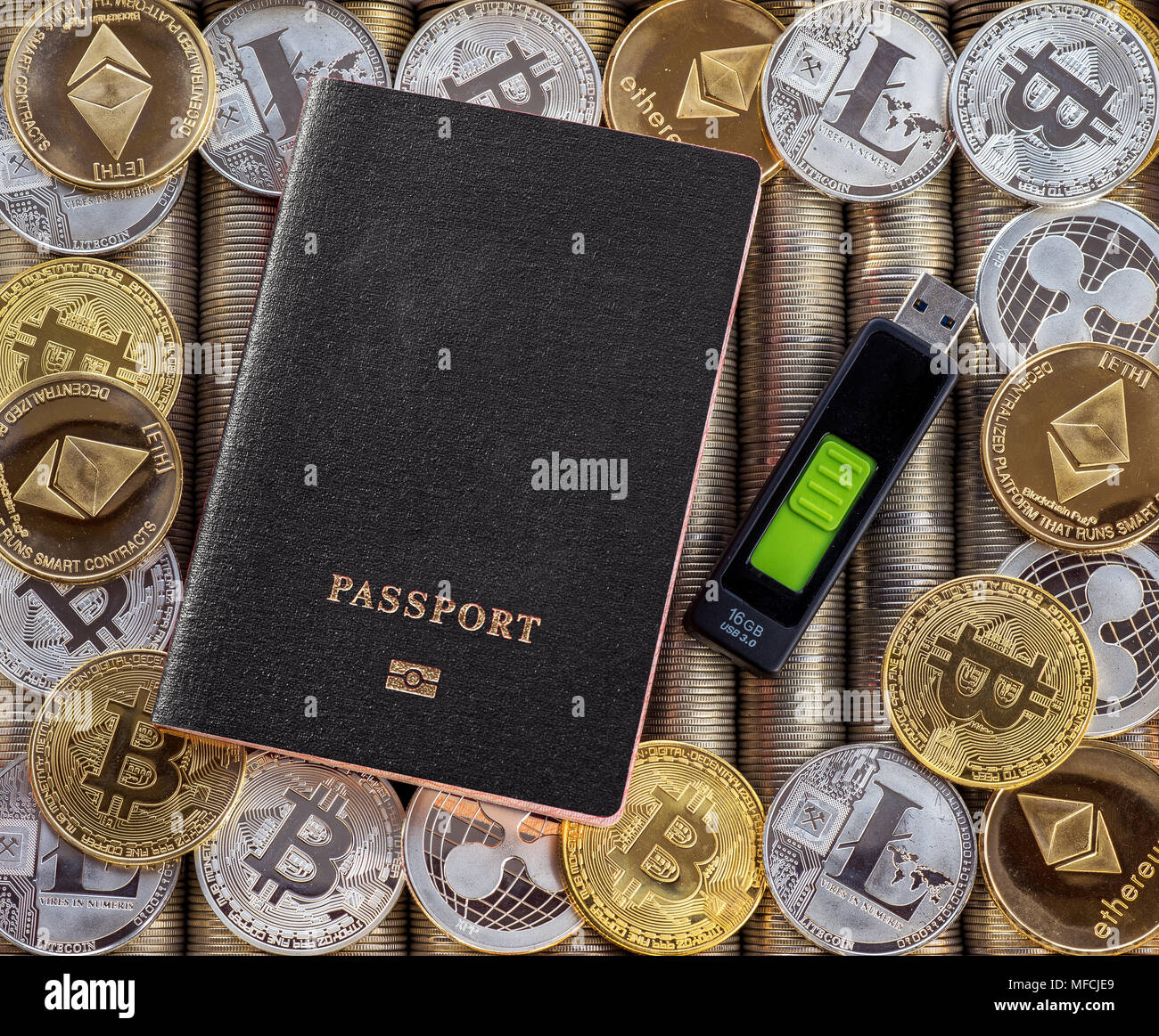 Black passport, metal coins background. US dollars. Metal coins. Gold ...