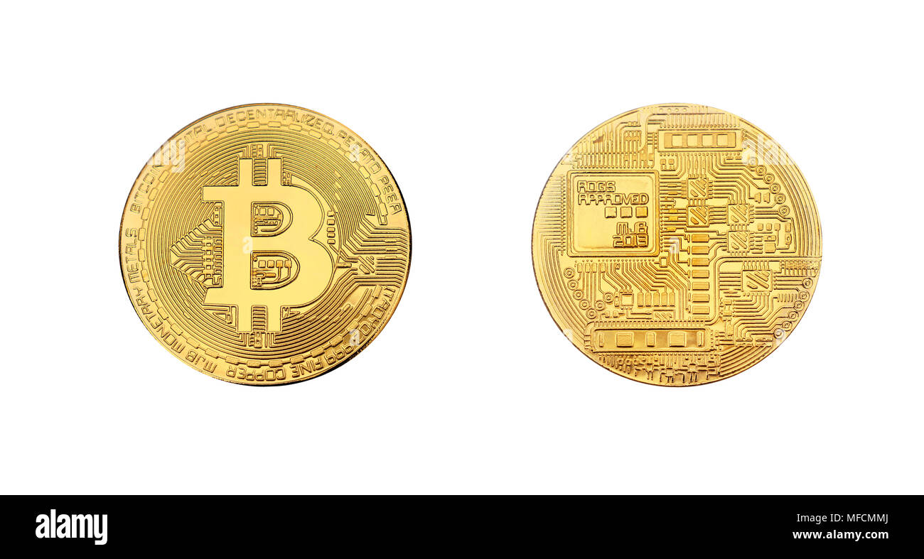 Close up two sides of golden bitcoin physical coin isolated on white ...