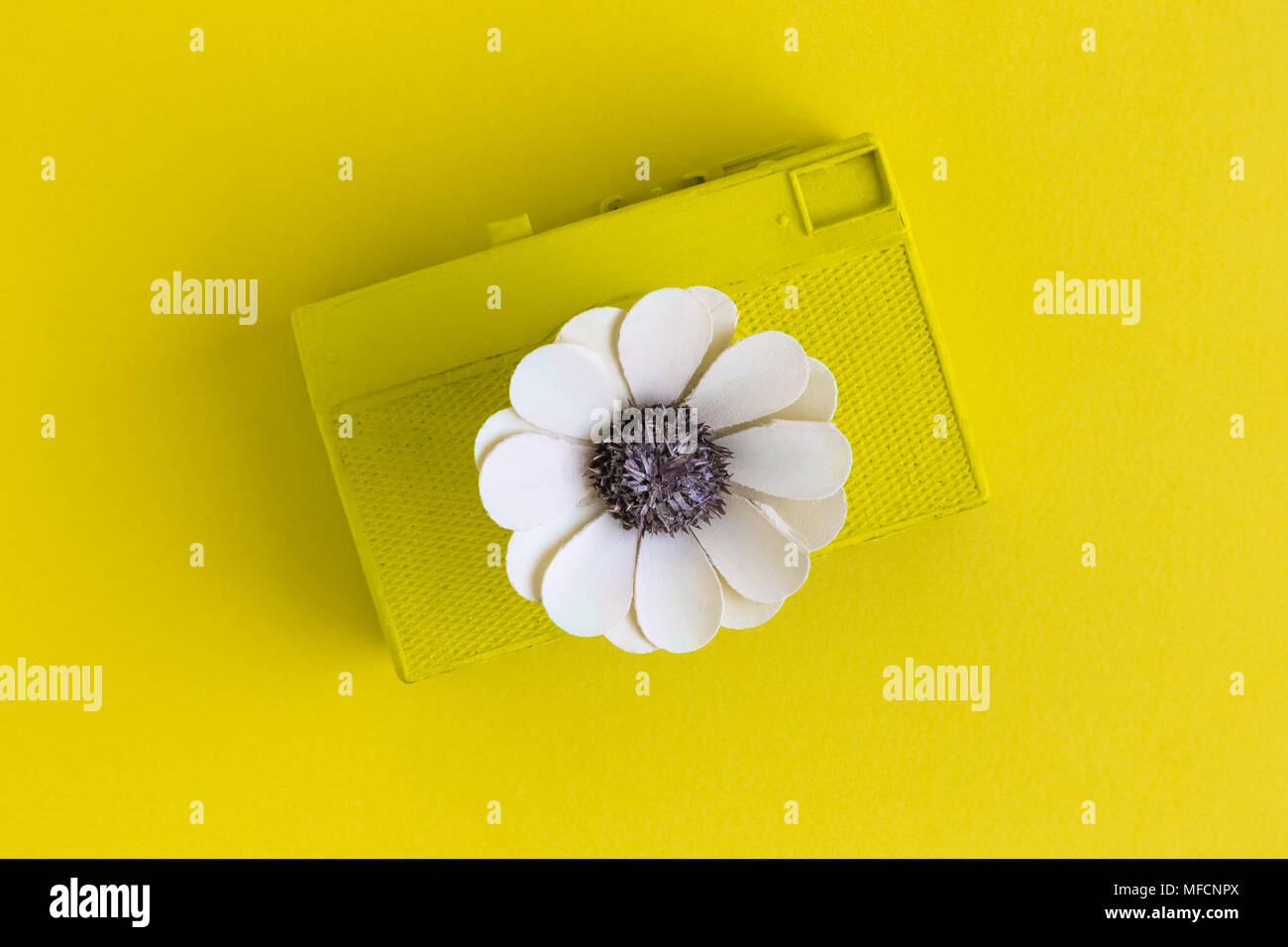 Pastel yellow retro film photo camera with flower in form of lens ...