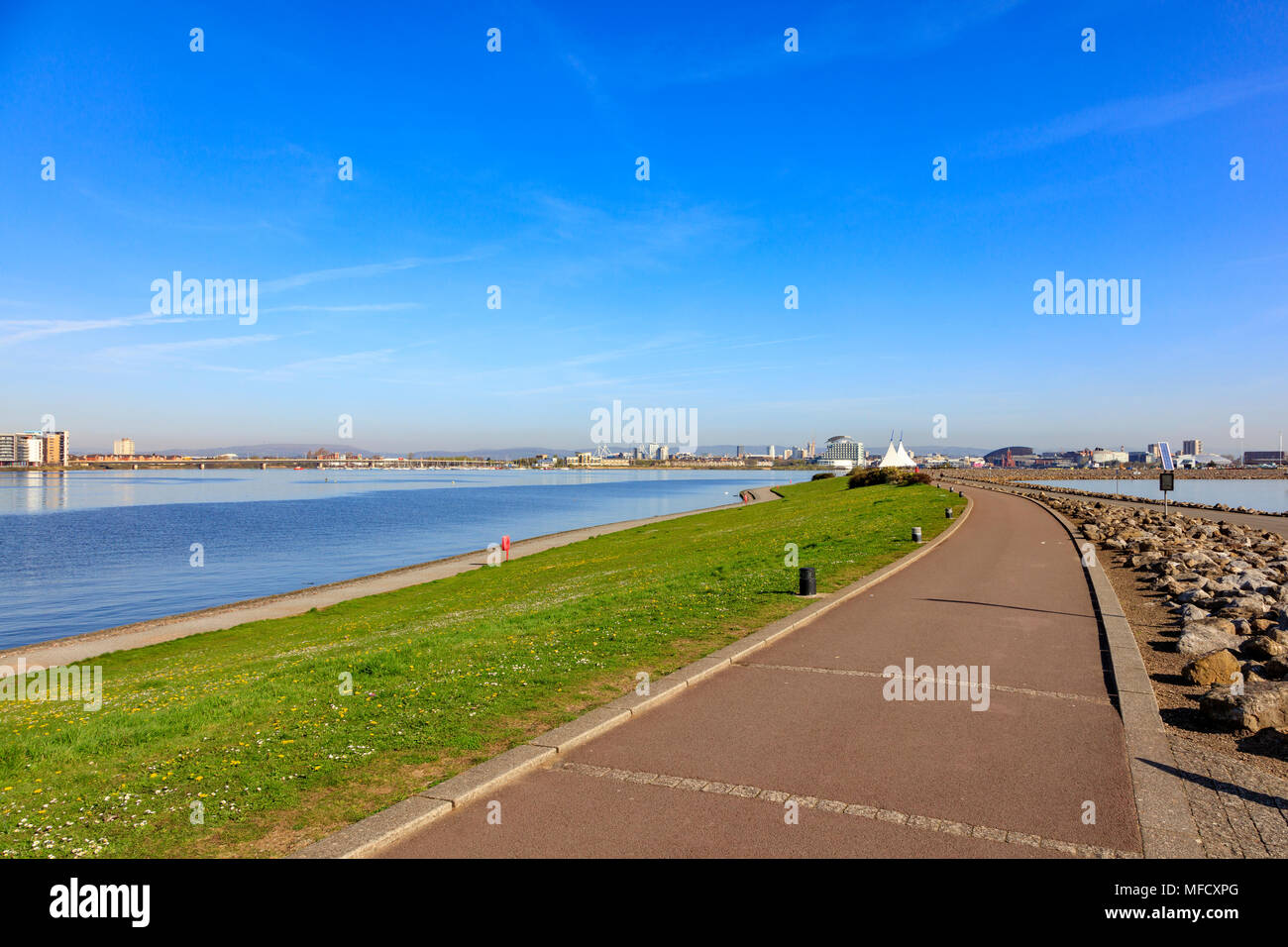 View from the Wales Coast Path as it crosses the Cardiff Bay Barage, a ...