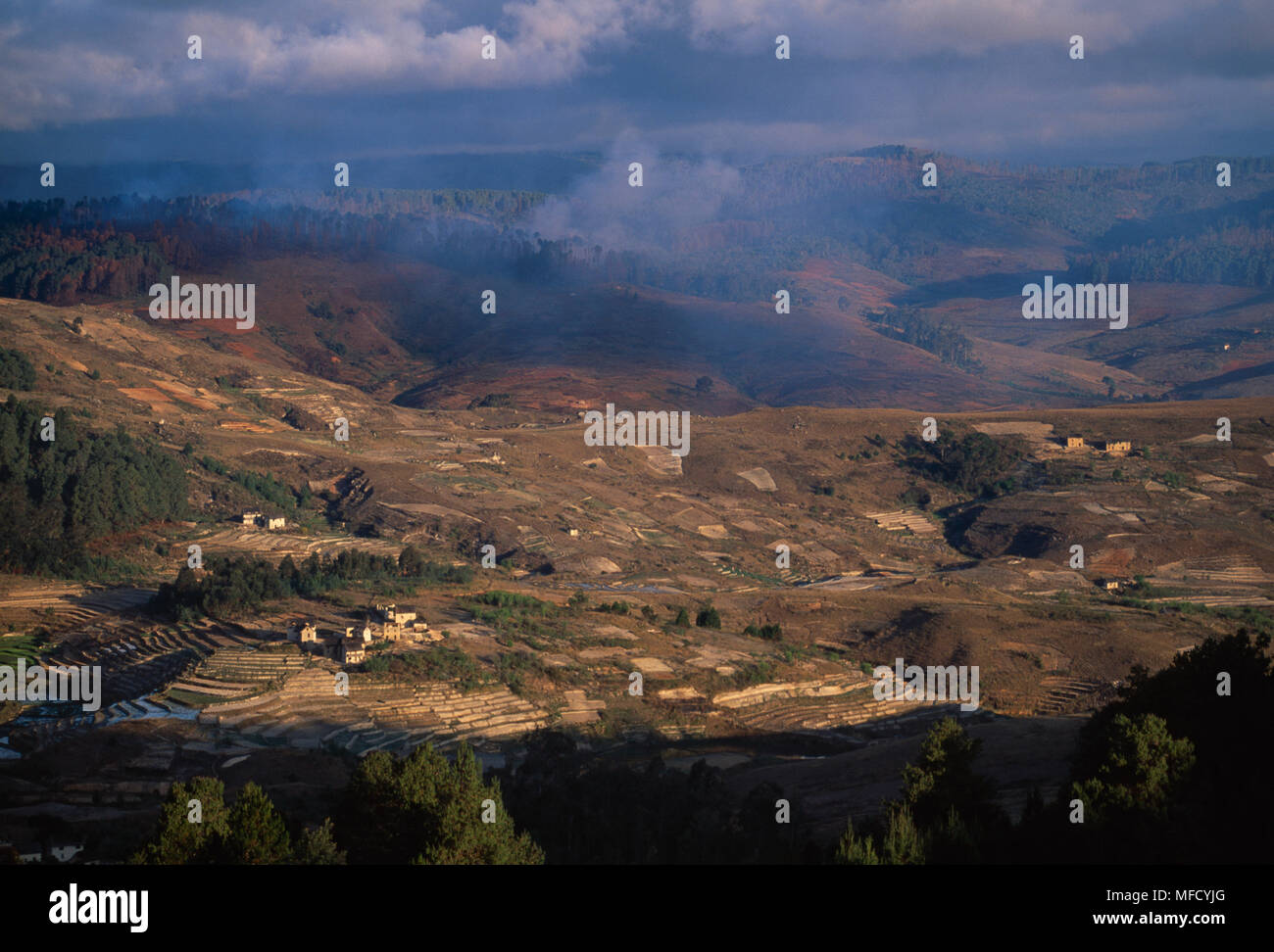 HIGHLAND LANDSCAPE Aerial view, with villages south of Tana, Madagascar ...