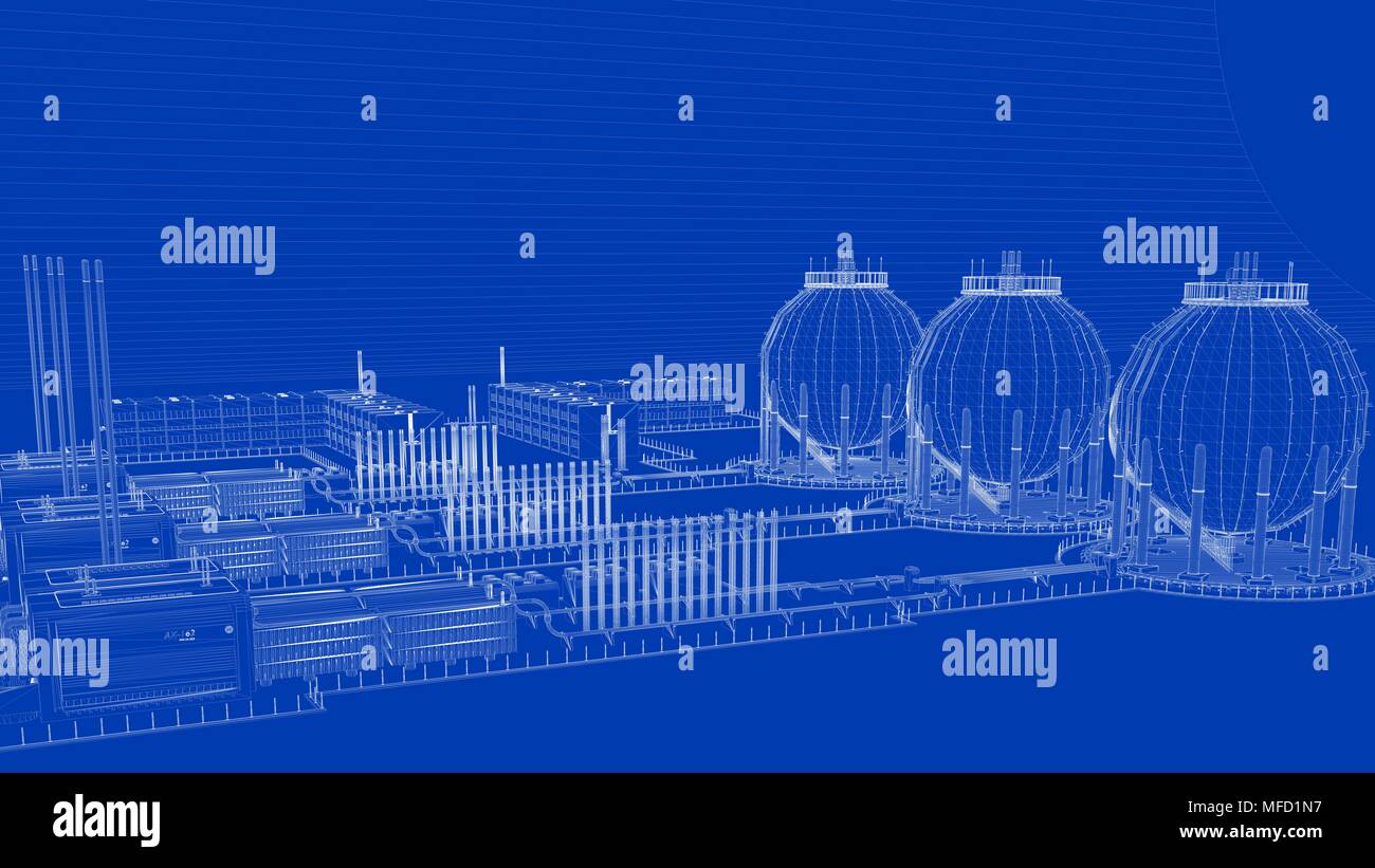 3d rendering of a blueprint industrial city with detailed objects Stock ...